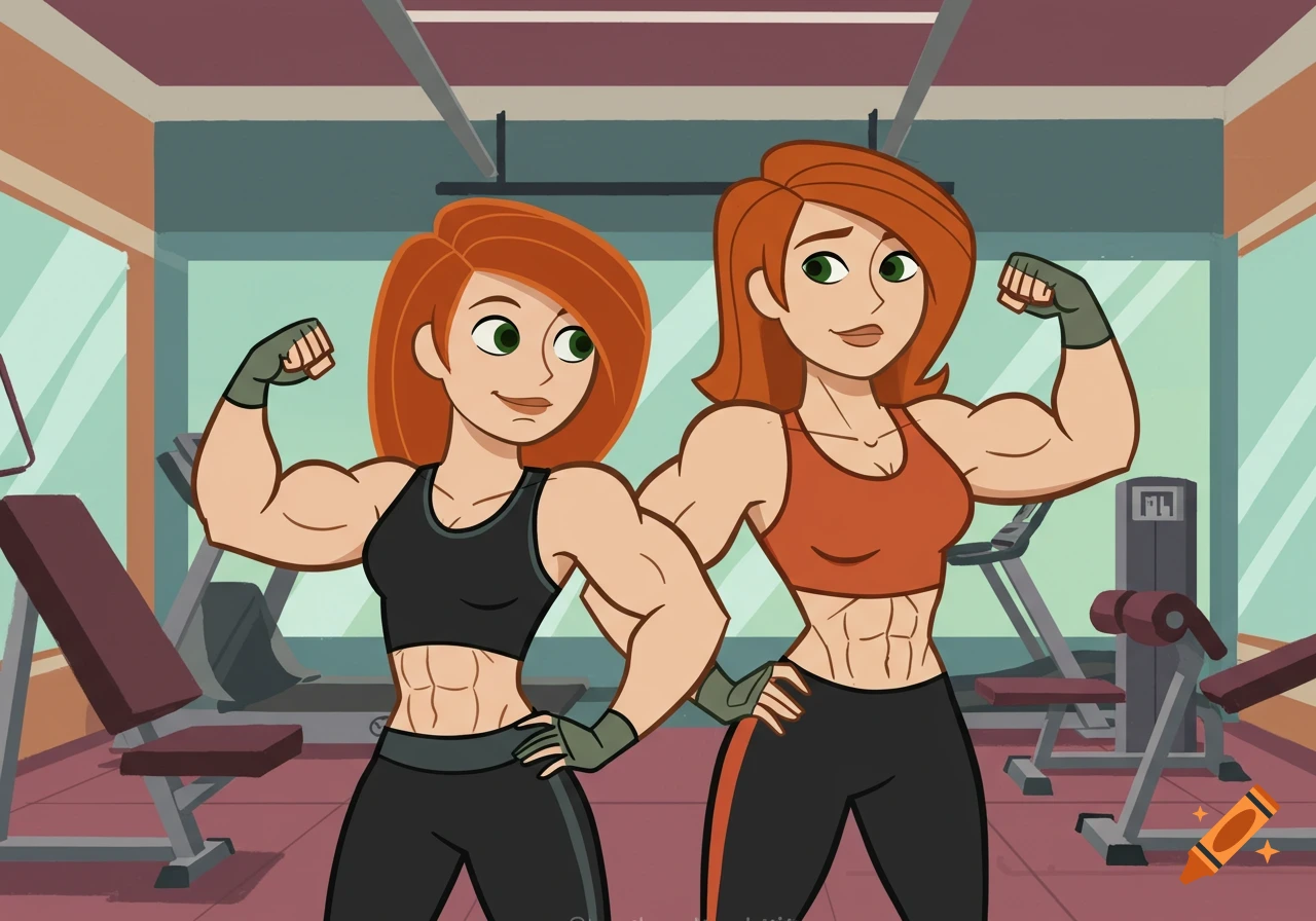 Two muscular cartoon women, resembling Kim Possible and her mom, flex ...