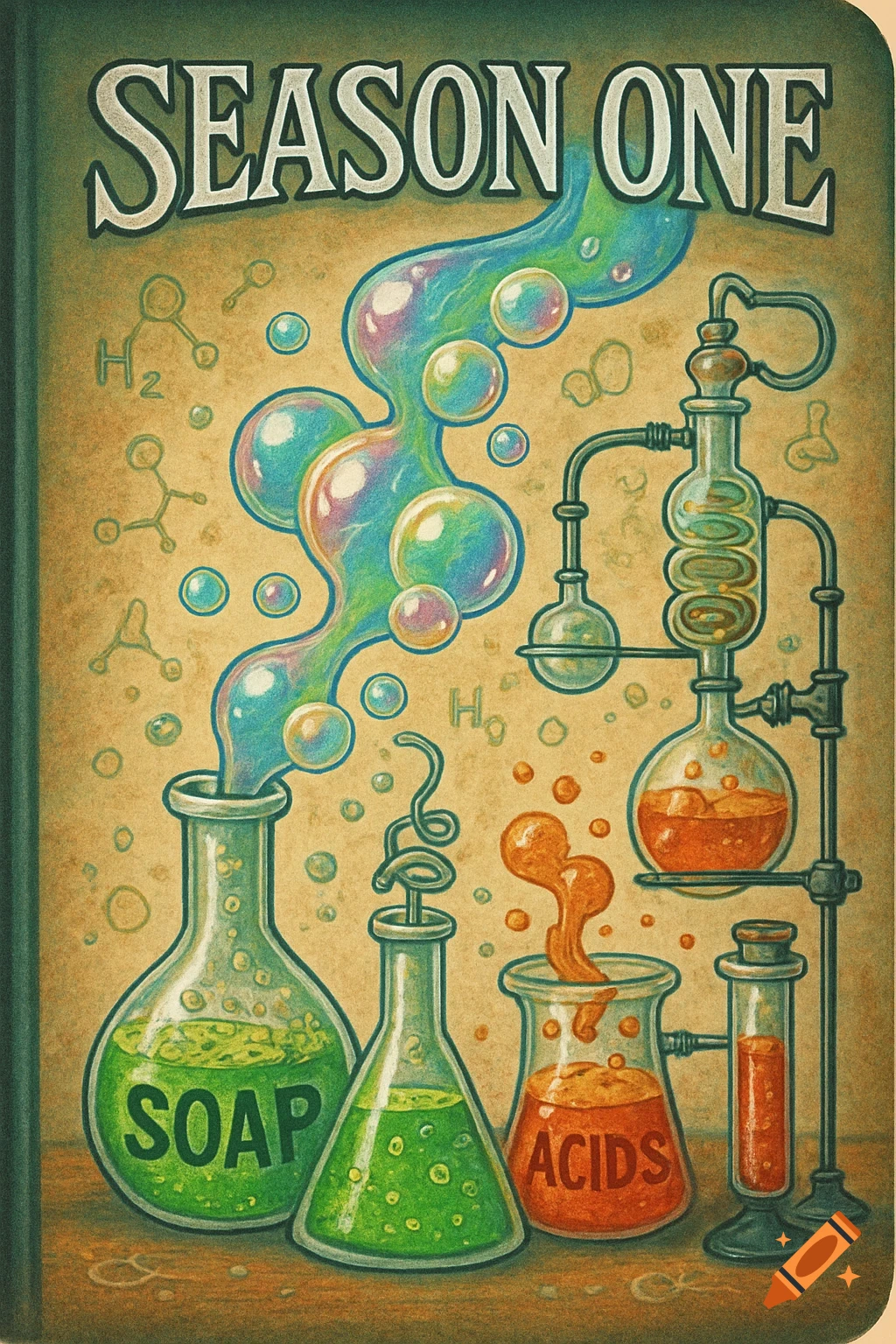 A vintage-style illustration of chemistry lab equipment with beakers ...