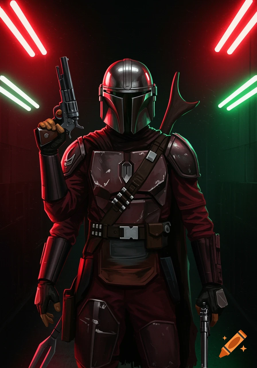 A Mandalorian-style character in red armor holding a revolver ...