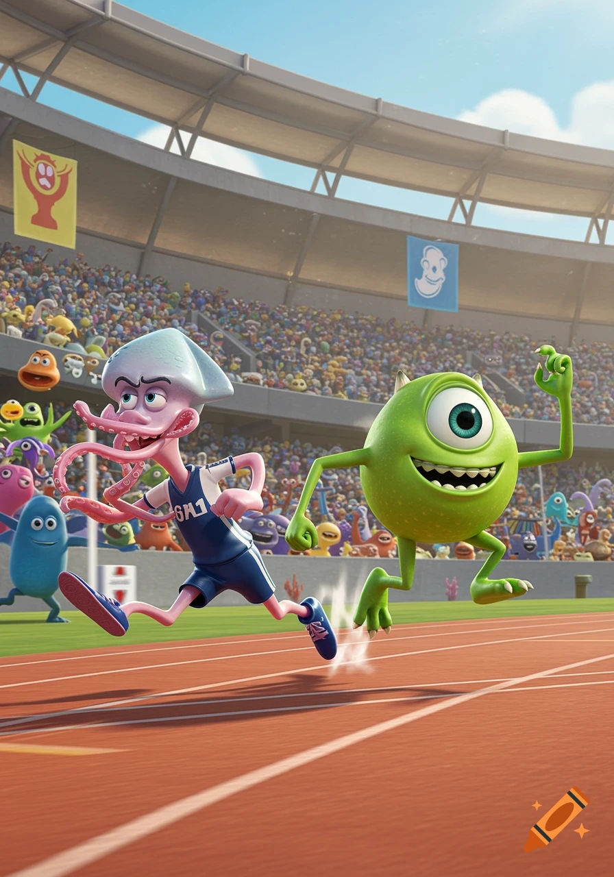 Mike Wazowski and a pink monster with tentacles run a race on a stadium ...