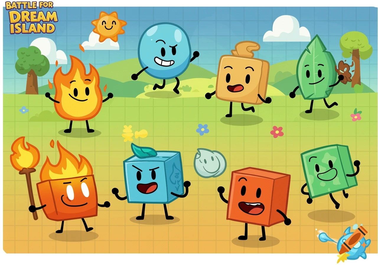 A cartoon landscape featuring multiple colorful, anthropomorphic object ...