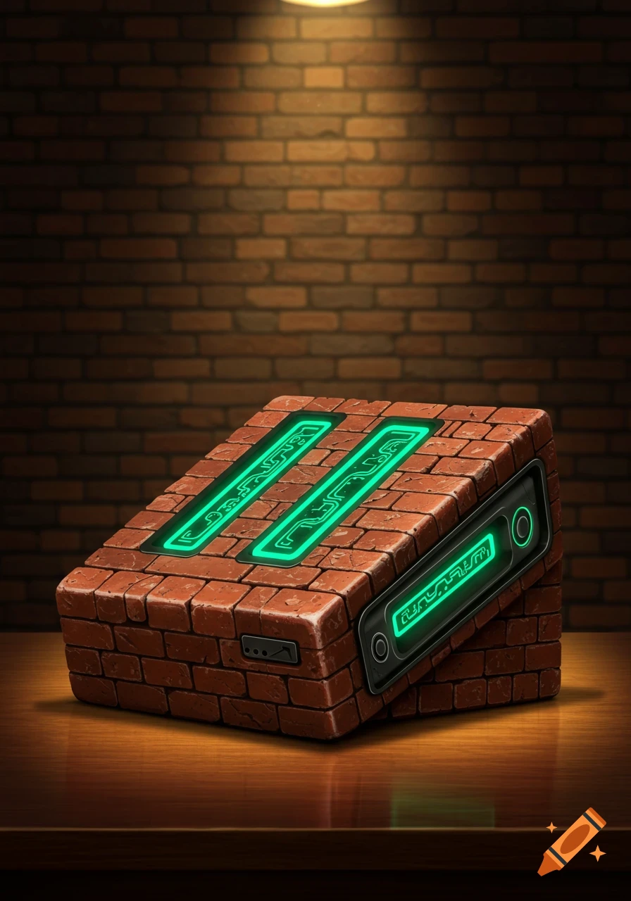 A brick-shaped console with glowing green screens and a black side ...