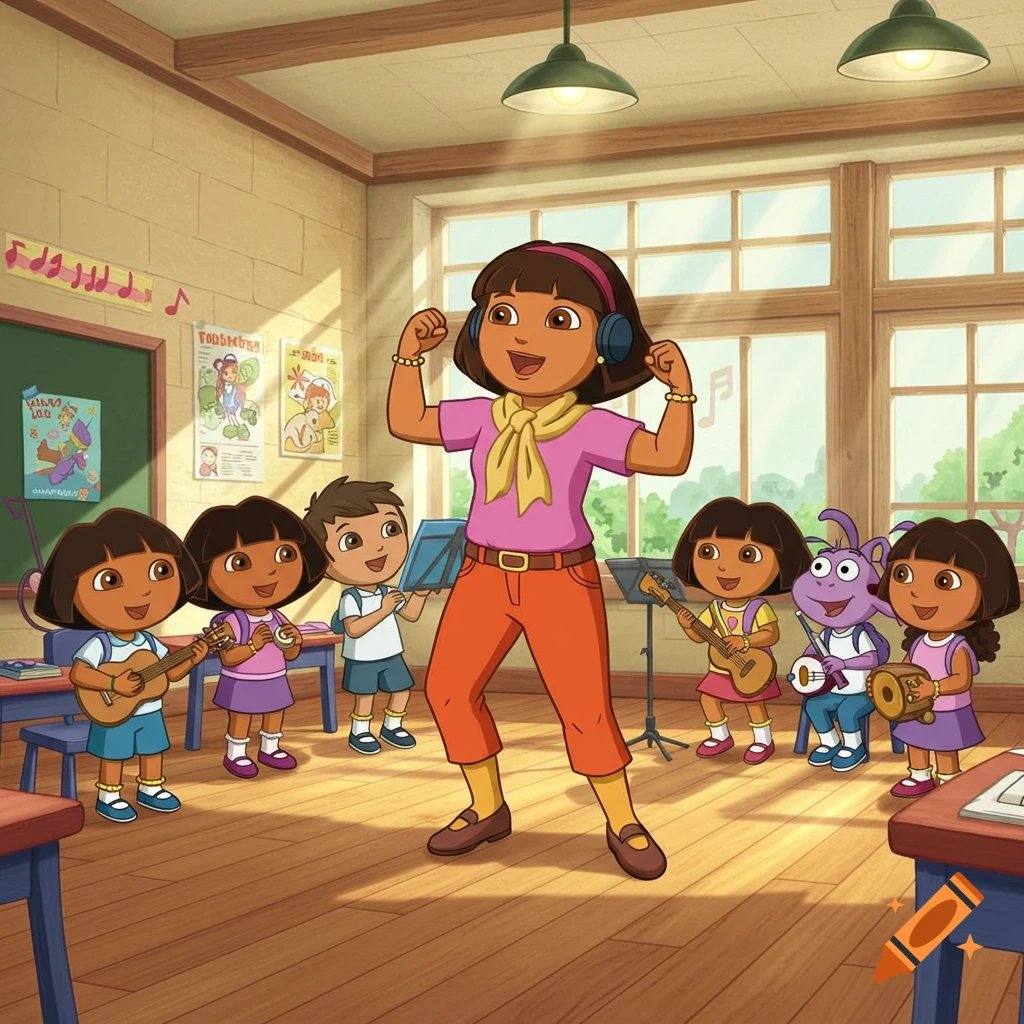 A cartoon of Dora the Explorer as a music teacher flexing in a ...