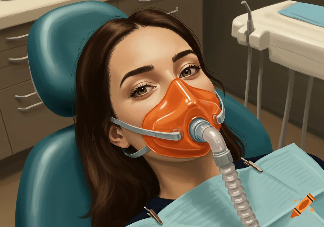A digital painting of a brunette woman in a dentist chair, wearing an ...