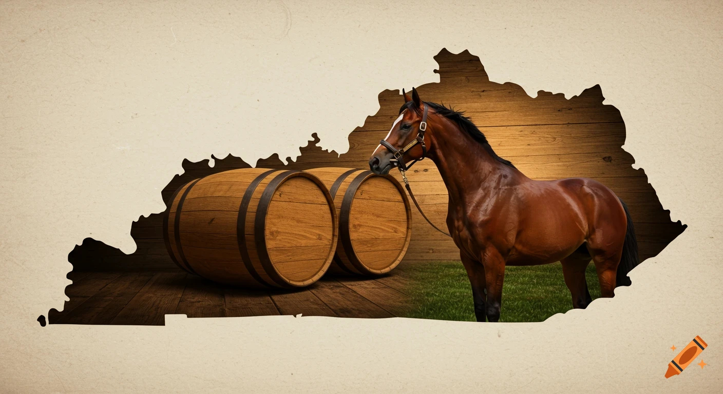 A horse and two bourbon barrels inside the outline of the state of Kentucky on a textured ...