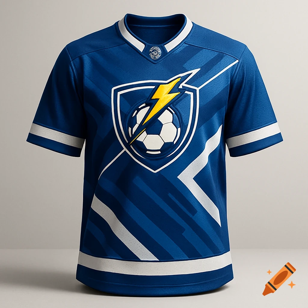 A blue sports jersey with white stripes and a shield logo featuring a ...