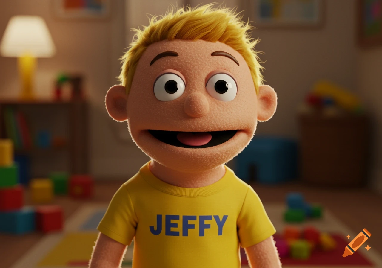 A close-up of a realistic blonde-haired puppet with wide eyes and an ...