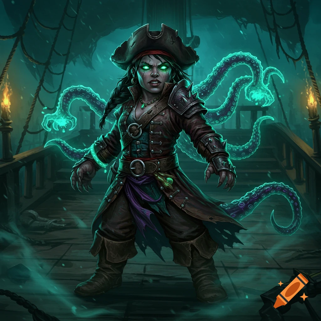 A copper-skinned kobold sorcerer in green robes casts magic on a wooden ...