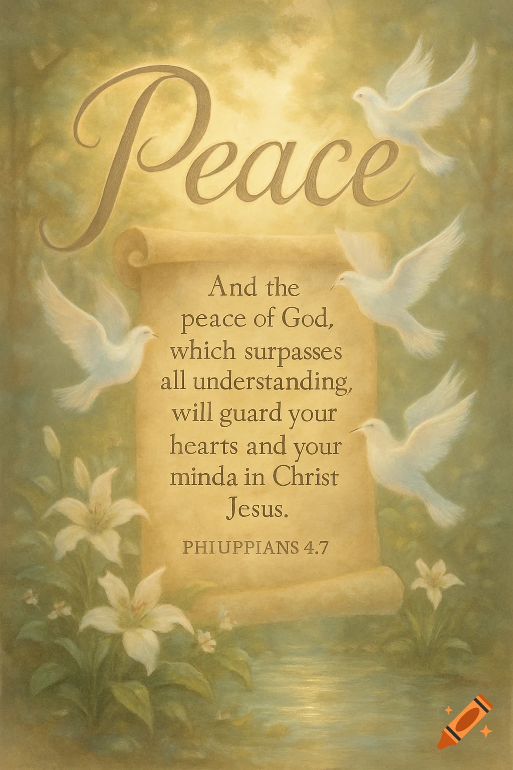 A serene painting features the word "Peace" above a scroll with the ...