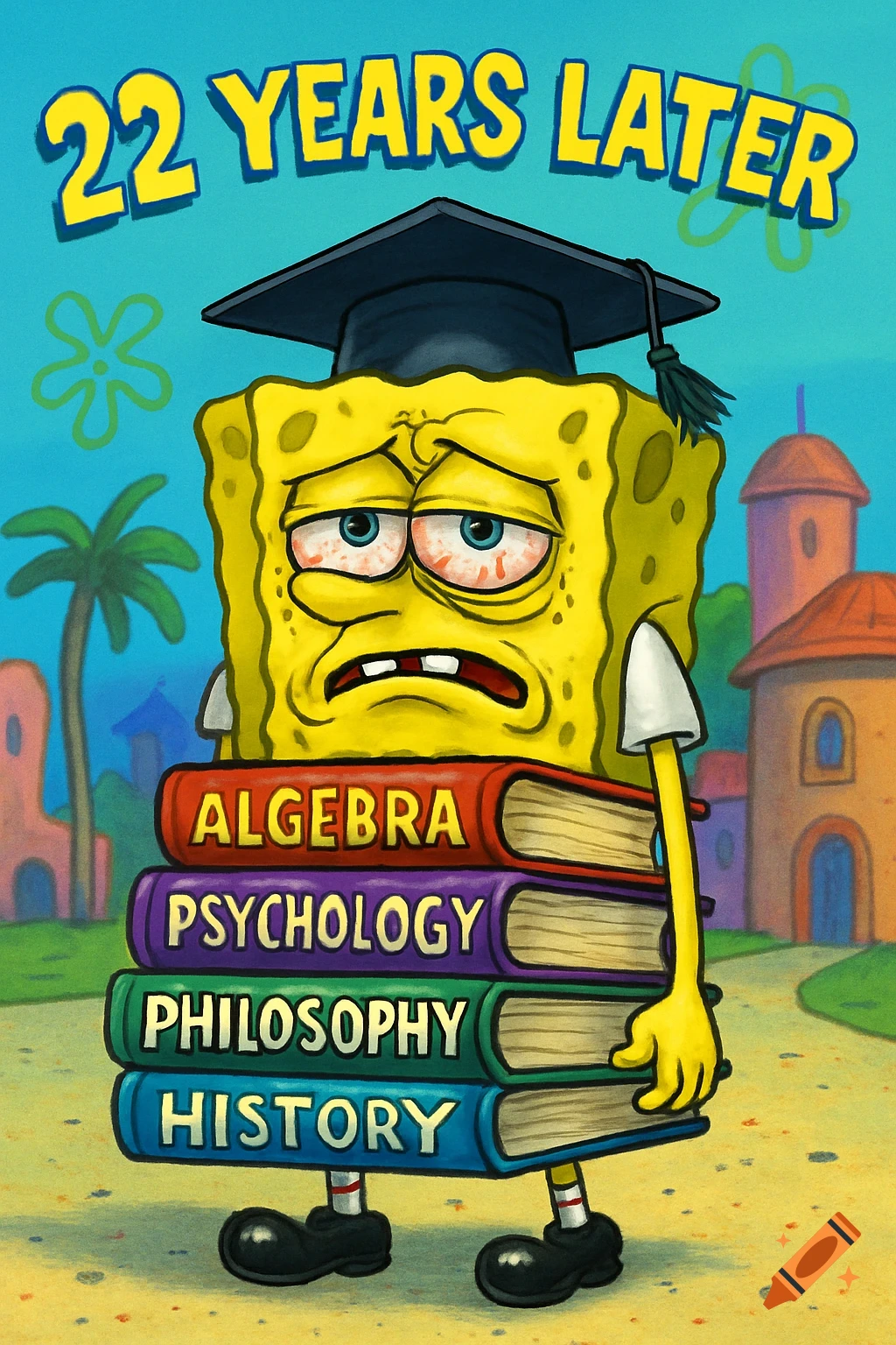 A stressed Spongebob SquarePants wearing a graduation cap and holding a ...