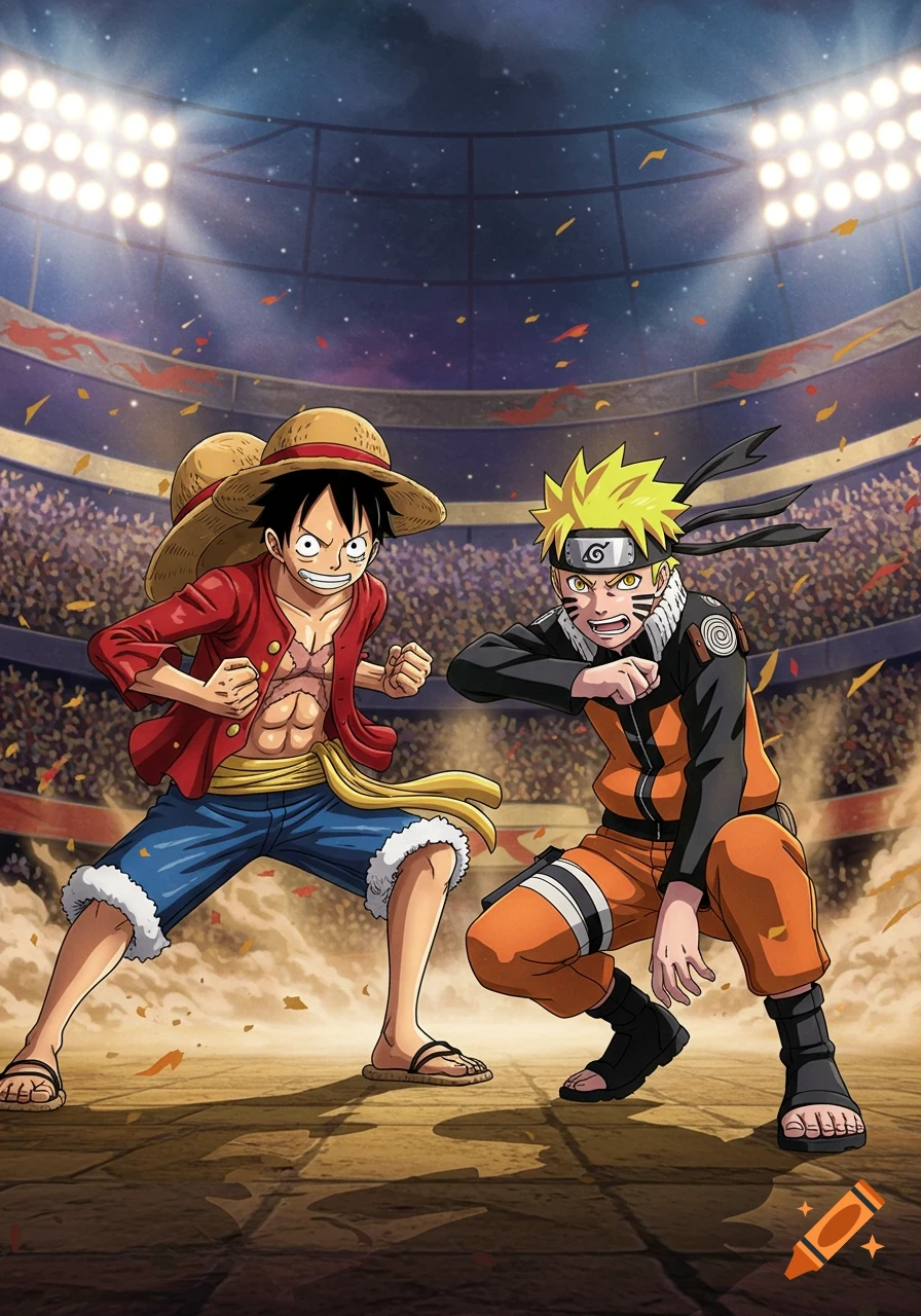 Luffy and Naruto stand ready to fight in a large stadium arena ...