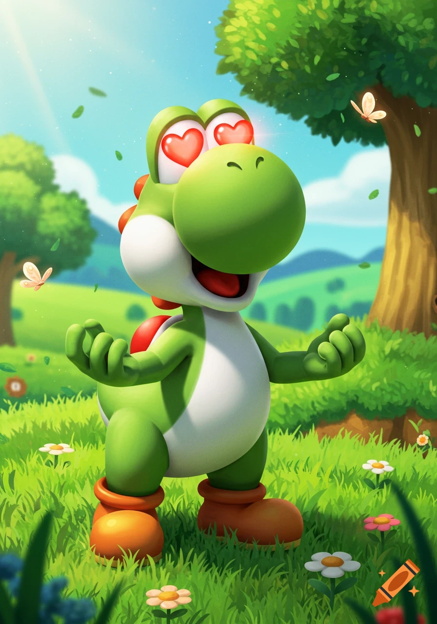 A 3D animated Yoshi with a large, distended belly stands in a vibrant ...