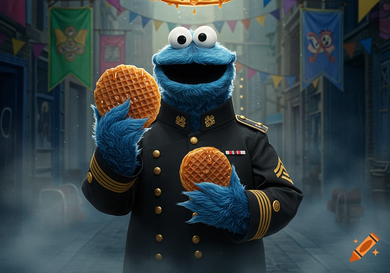 Photorealistic Cookie Monster in a black military uniform holding two ...