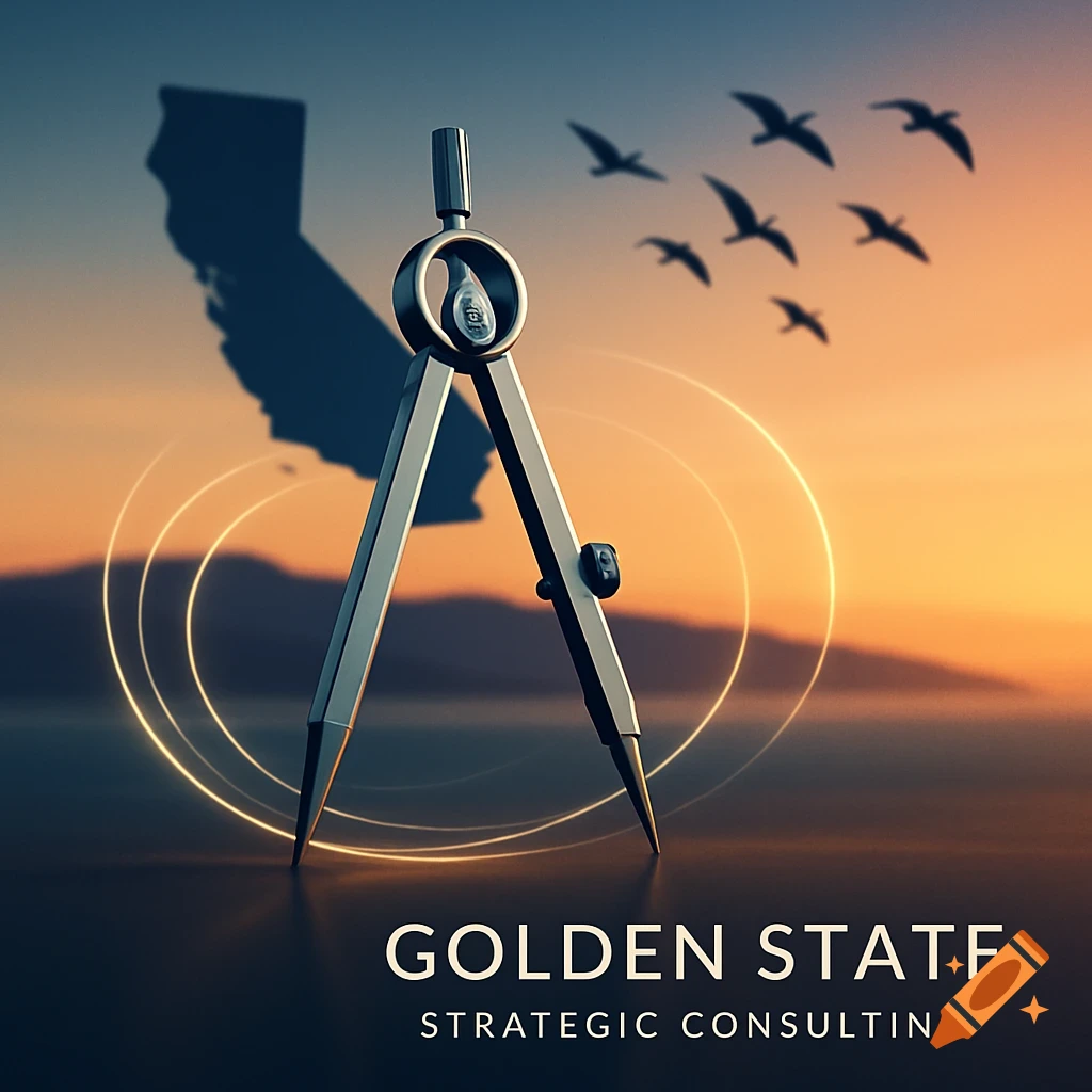 A metallic compass stands against a sunset backdrop, with a silhouette of California and flying ...