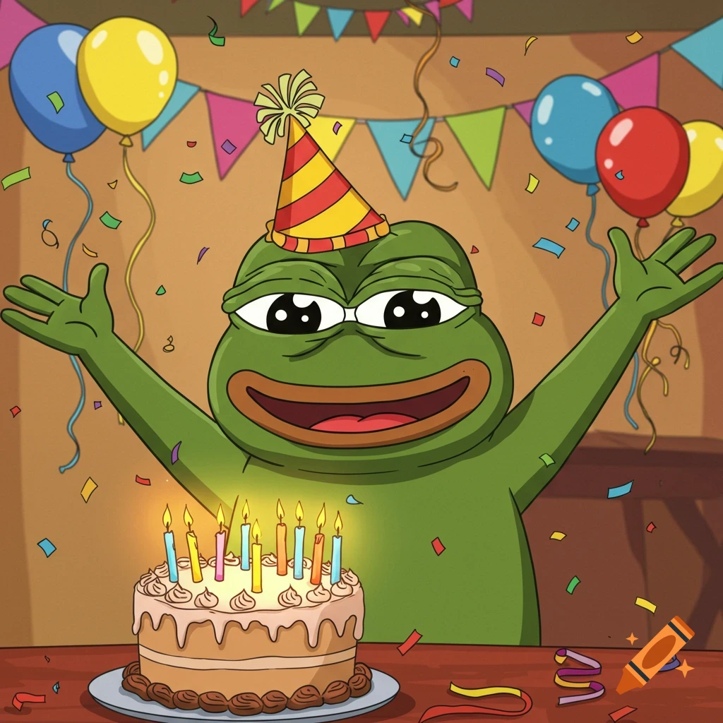 Cartoon Pepe the Frog celebrating a birthday with a cake, balloons, and ...