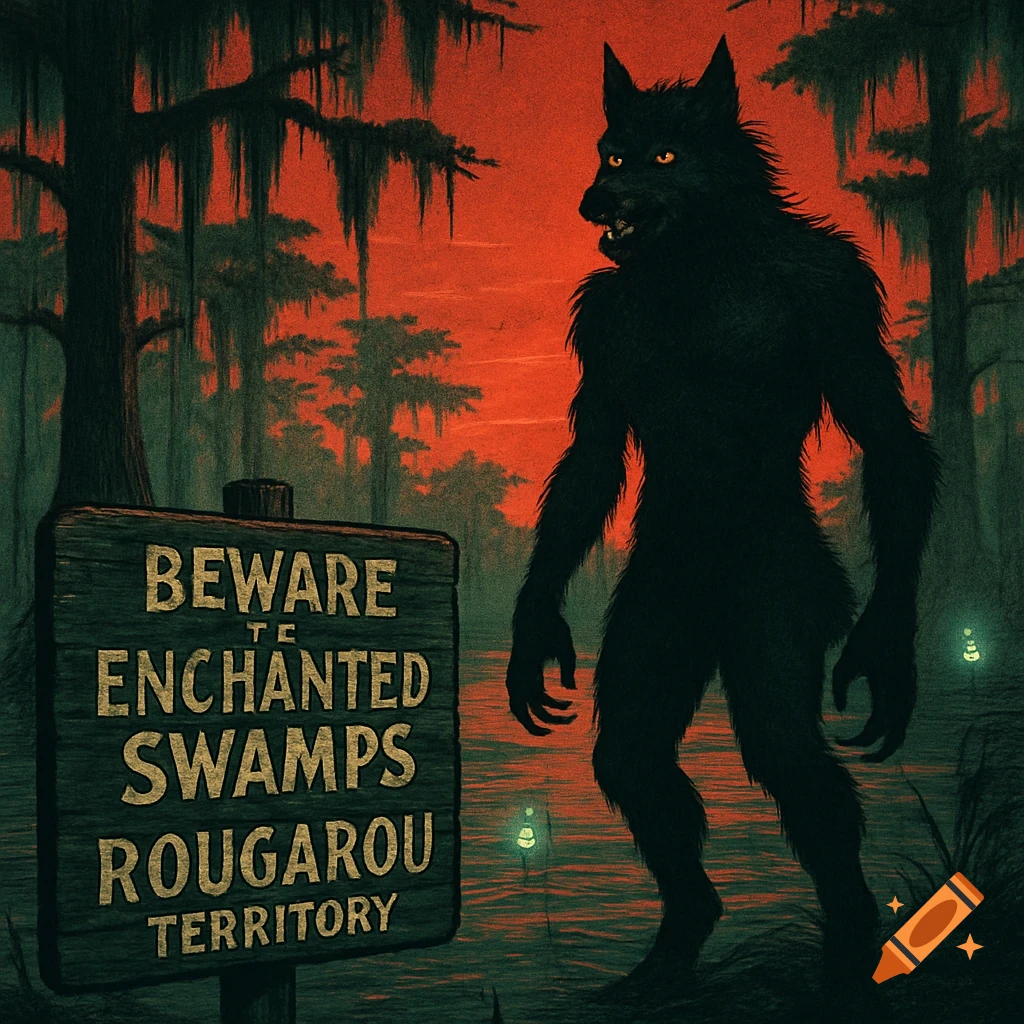 A dark, silhouetted rougarou (werewolf) stands in a red-skied swamp ...