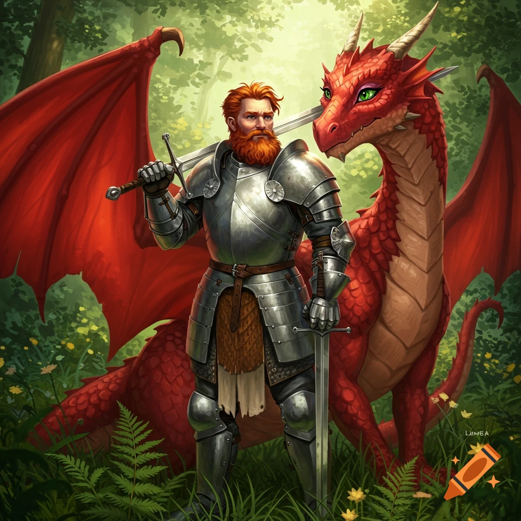 A red-bearded knight in shining armor with a sword stands next to a red ...