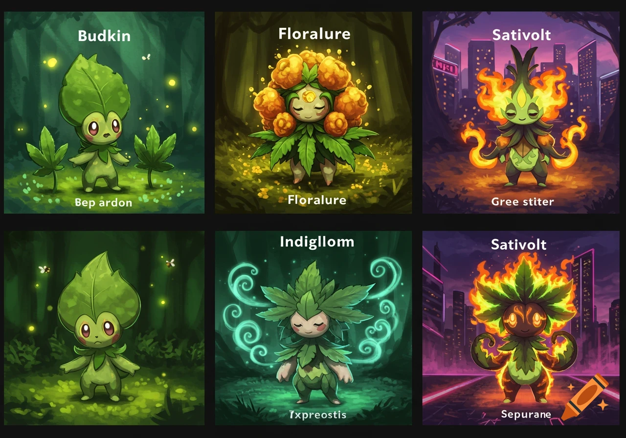 Three green, plant-like fantasy creatures, similar to Pokemon, stand in ...