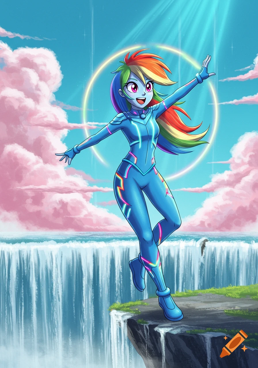 Humanized Rainbow Dash in a blue sci-fi suit stands on a cliff with a ...