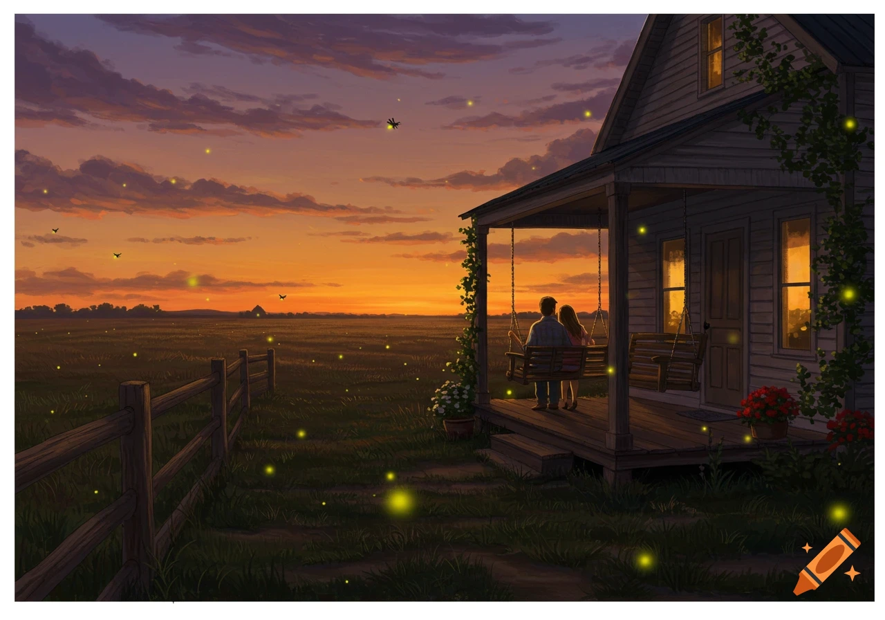 A couple sits on a front porch swing watching the sunset over a field with fireflies. on Craiyon