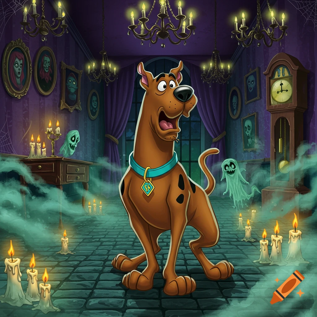 Scooby Doo, a brown dog, stands in a spooky purple haunted house with green ghosts and lit ...