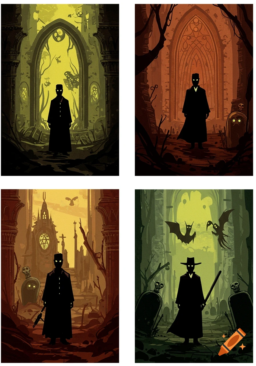 Four dark, stylized illustrations in the Mike Mignola style, each ...