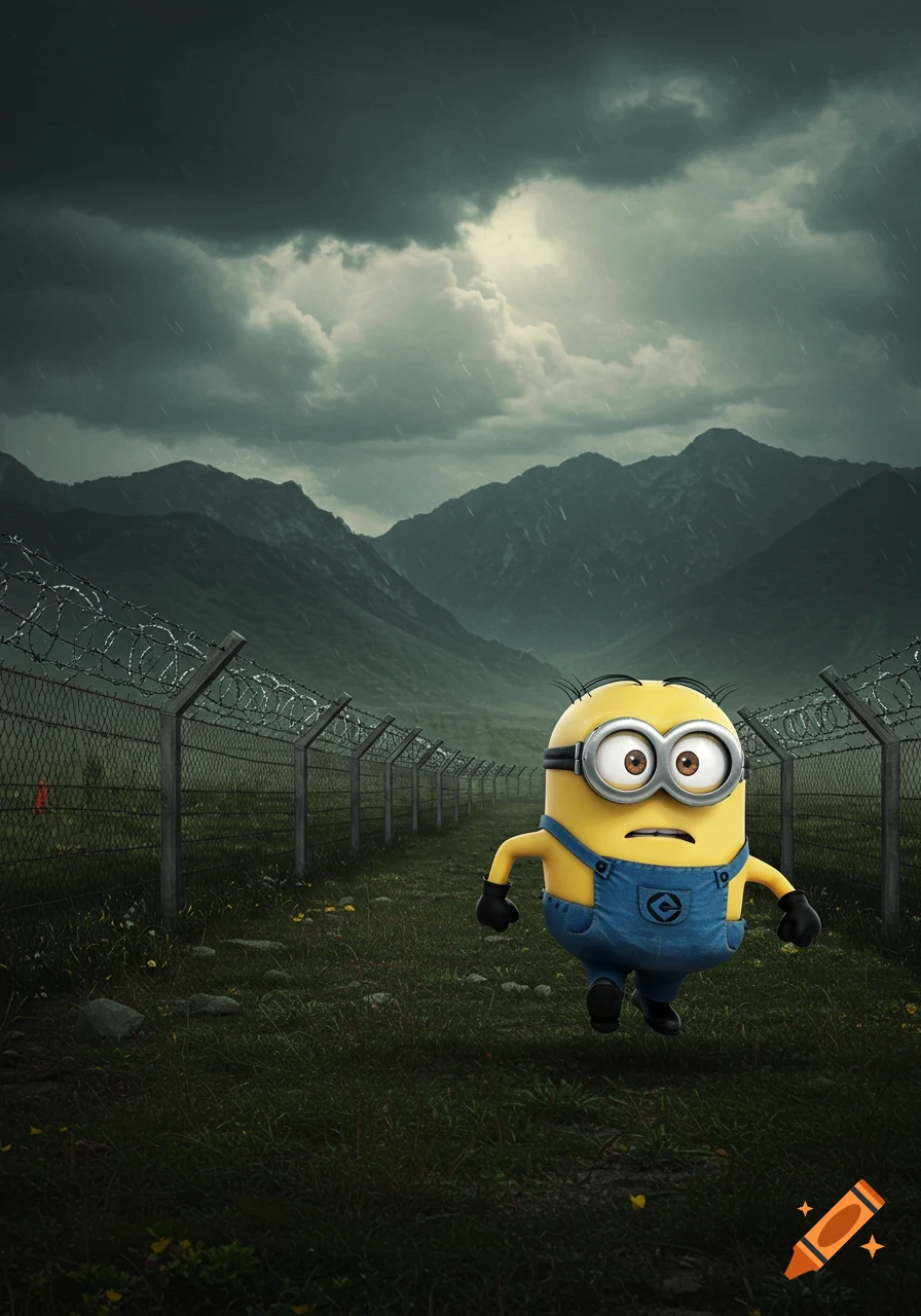 A Minion in a yellow dress rides a glowing hoverboard down a neon-lit ...