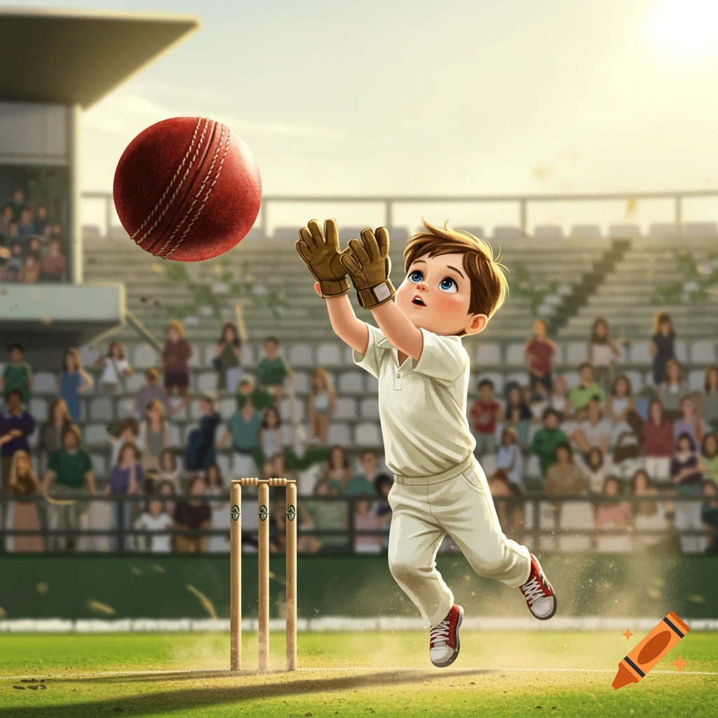 A person in a red uniform with cricket pads and a bat stands on a green ...