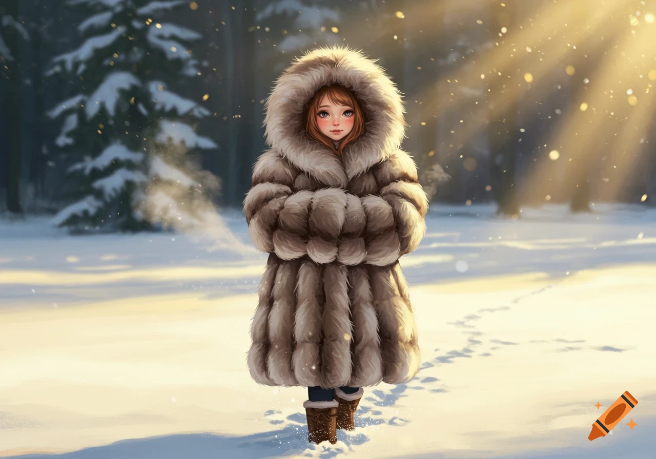 A young girl bundled in a thick fur coat stands in a snowy forest with ...