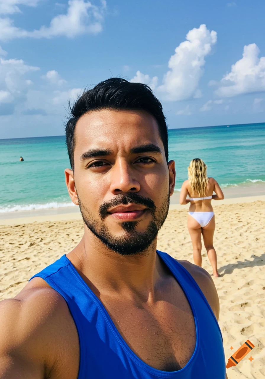 A man in a blue tank top takes a selfie on a sunny beach with a woman ...
