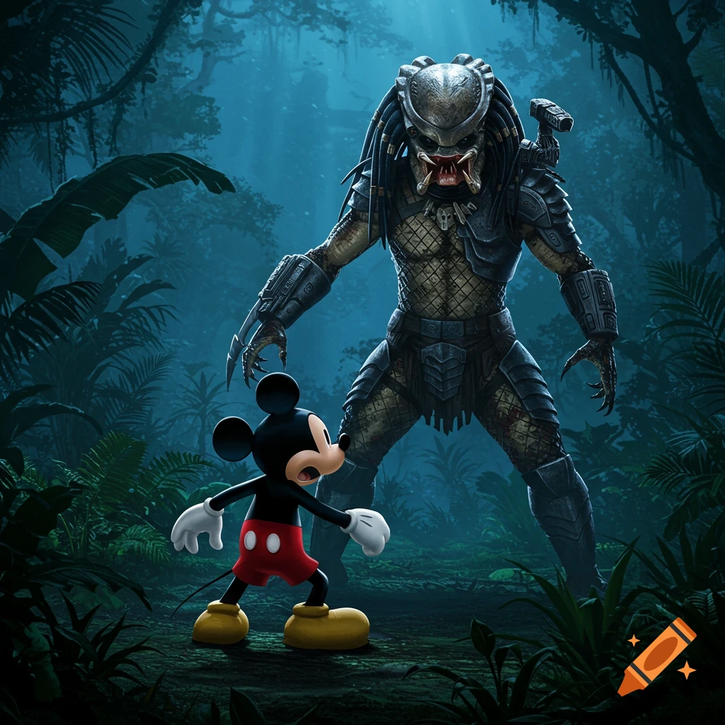Mickey Mouse stands nervously before a menacing Predator in a dark ...
