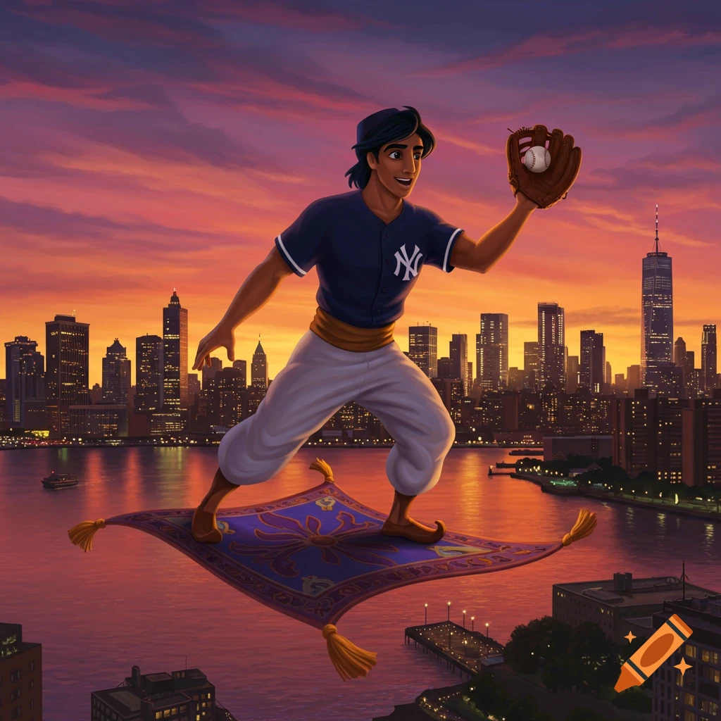 Aladdin in a Yankees baseball uniform catches a ball on a magic carpet ...