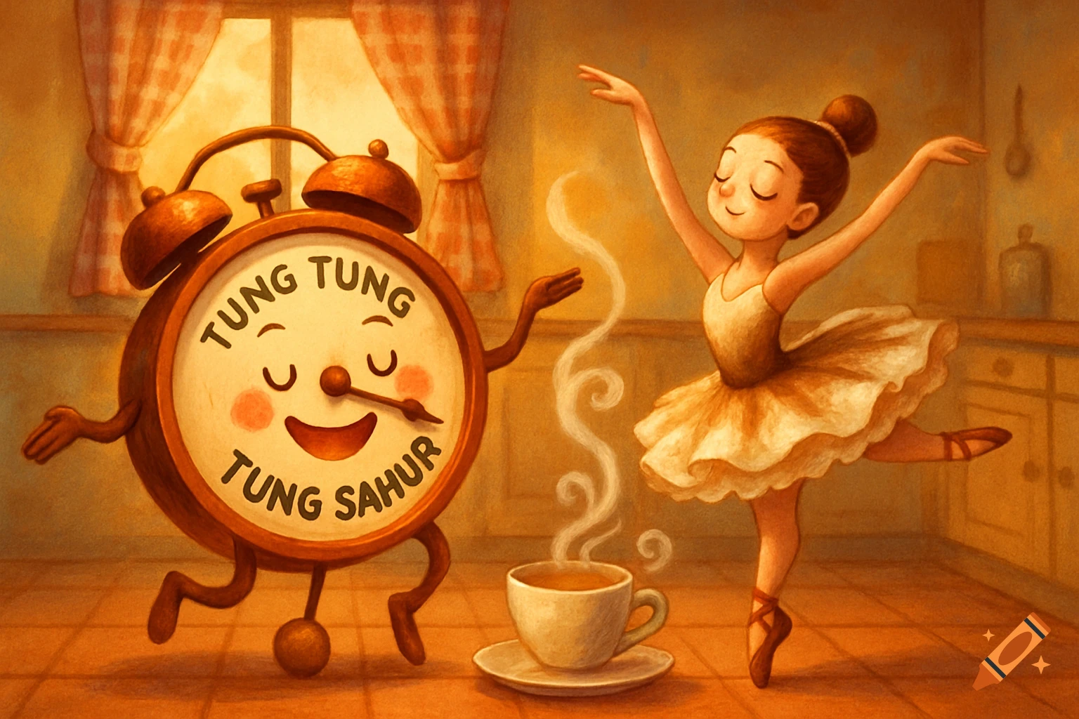 An illustration of a Muslim family eating Sahur under a crescent moon ...