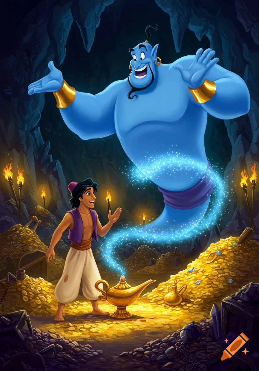Aladdin stands in a treasure-filled cave, looking up at a blue Genie ...