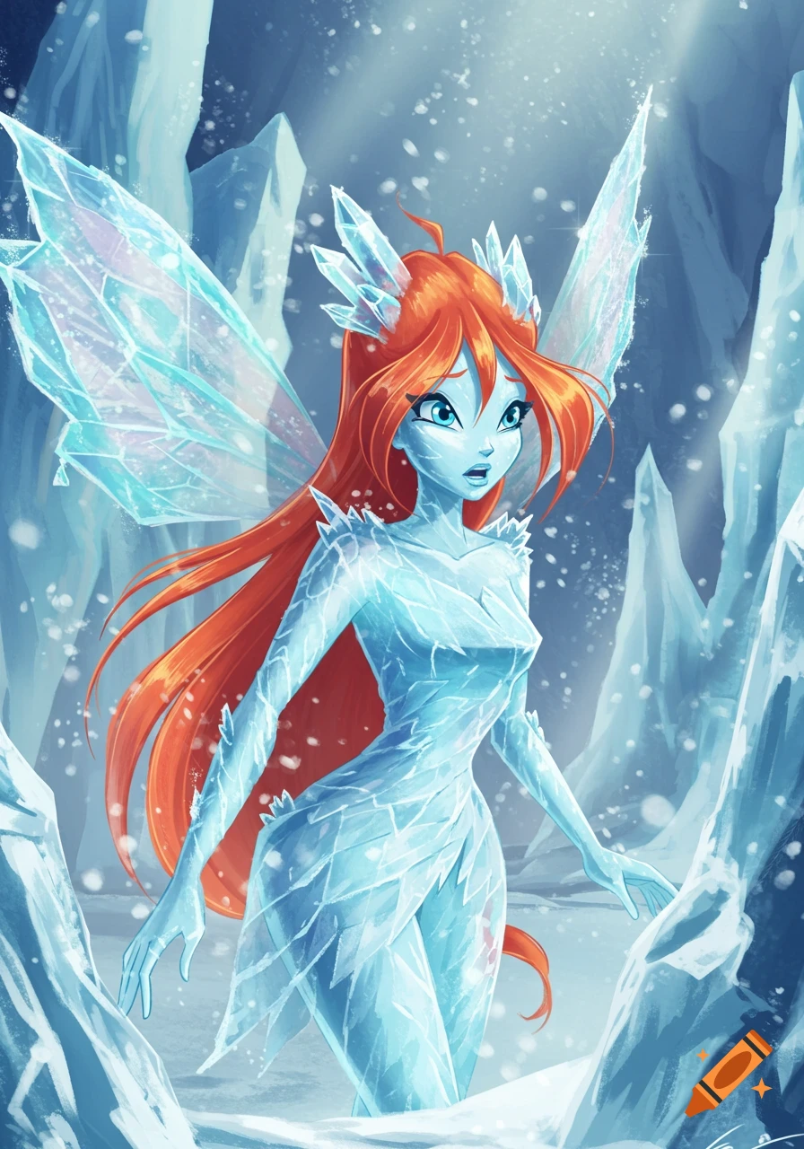 Anime-style illustration of Bloom from Winx Club as a surprised ice ...