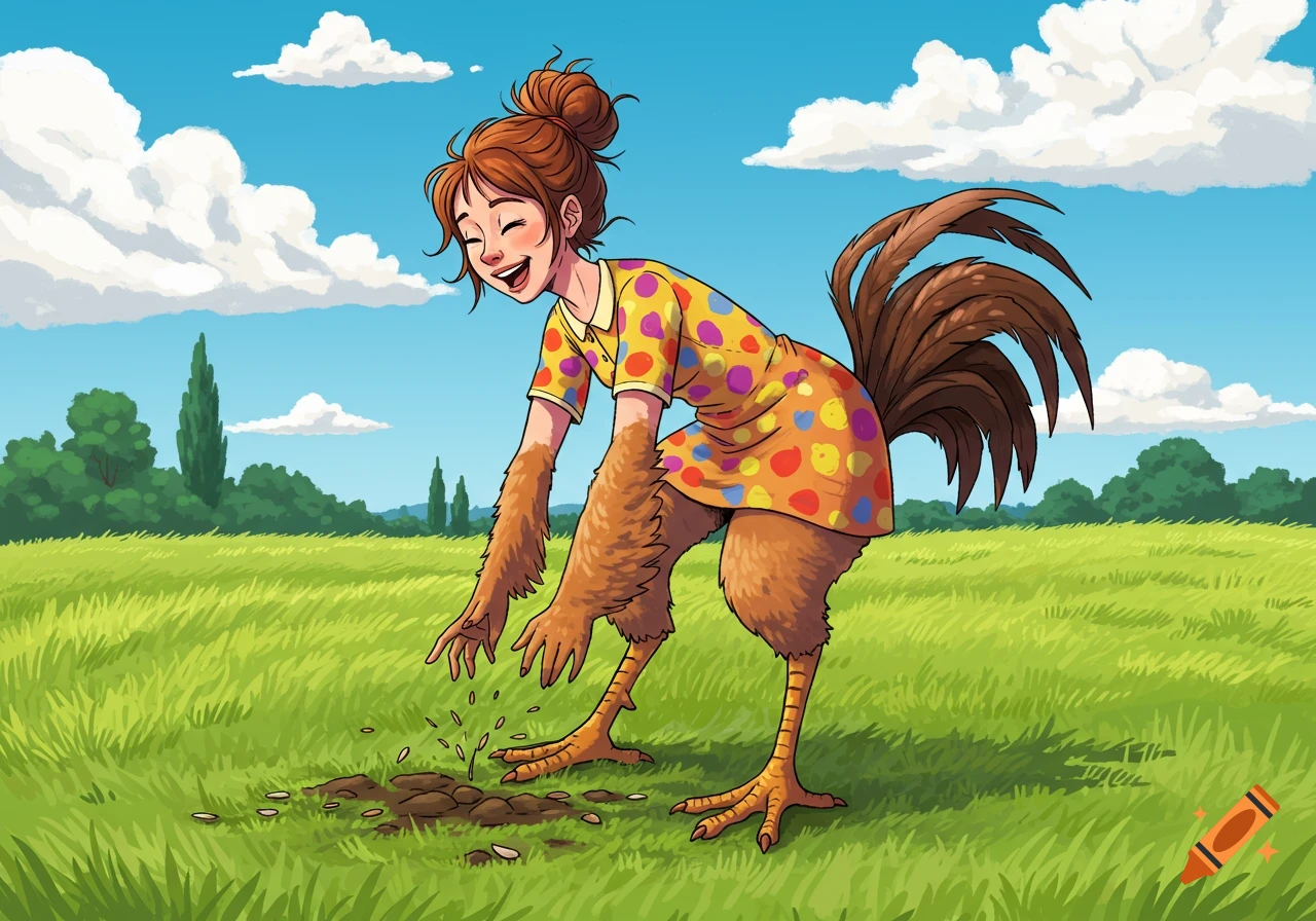 Whimsical cartoon of a smiling woman with chicken paws and legs ...