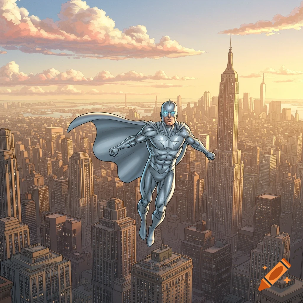 A silver-suited superhero with a cape flies above a cityscape at sunset ...