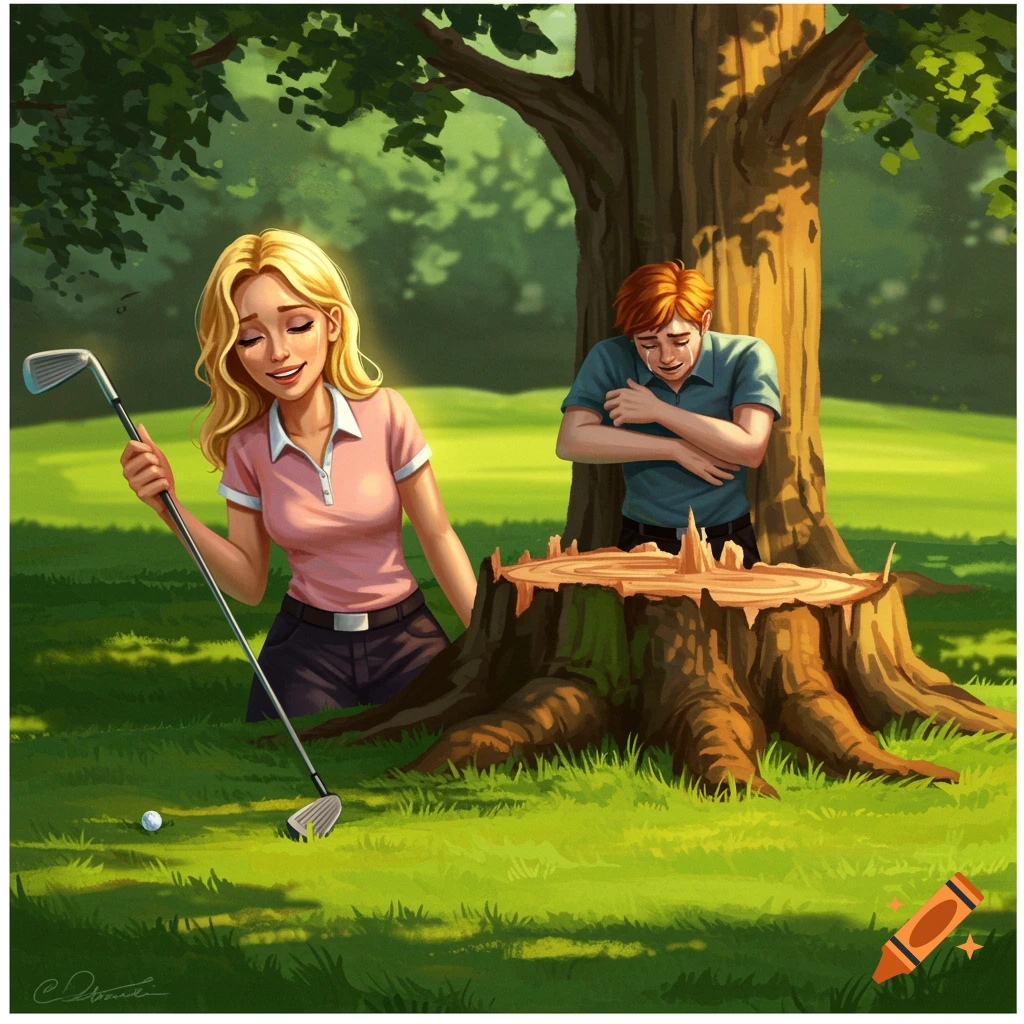 An illustration of a smiling blonde woman playing golf next to a tree ...