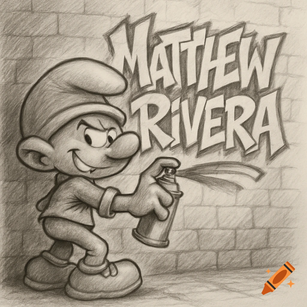 A mischievous cartoon character resembling a Smurf sprays the name ...