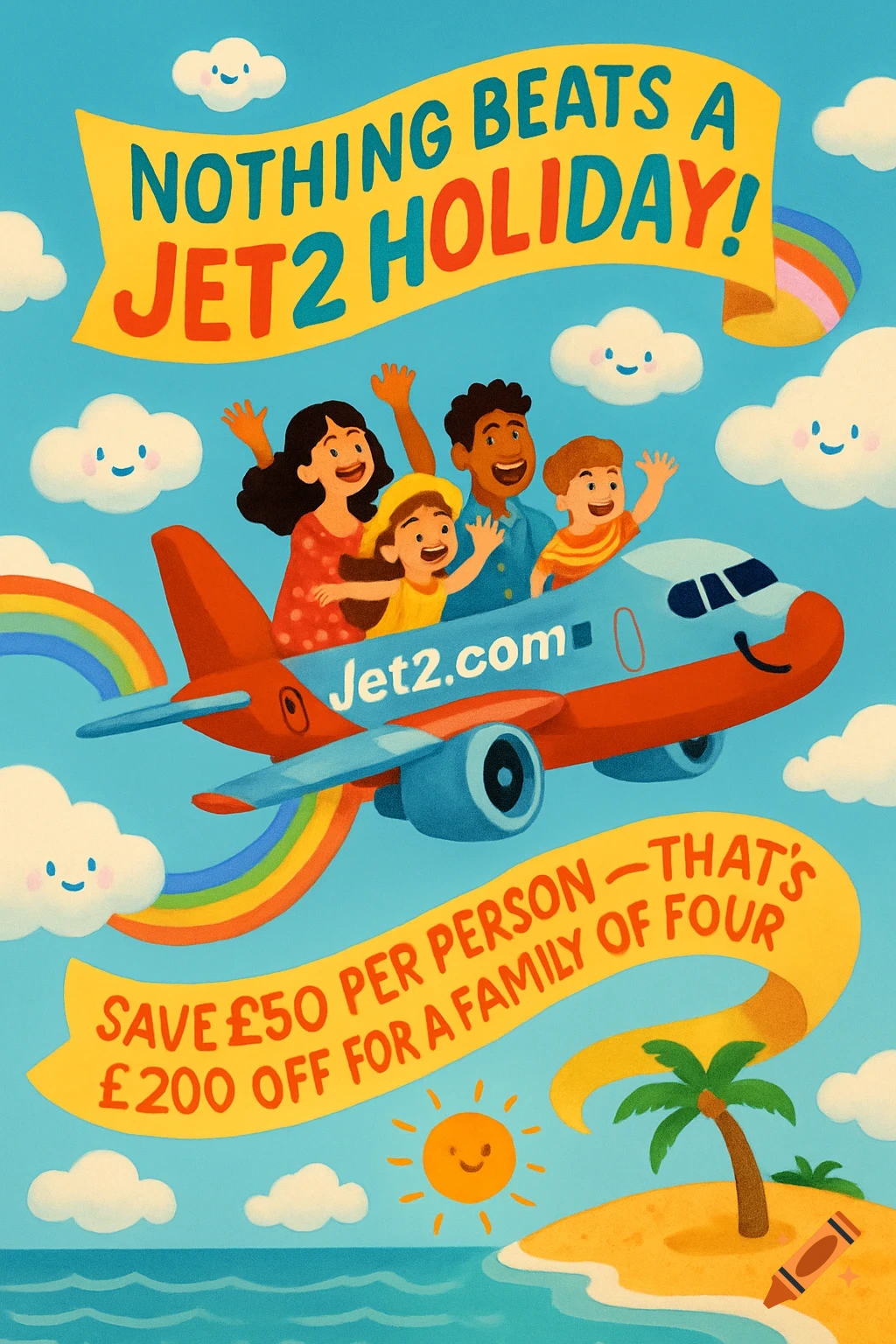 A cheerful cartoon shows a family flying on an airplane, with text ...
