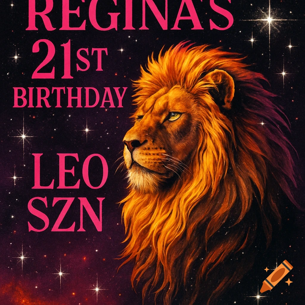 A glamorous Leo zodiac design featuring a lion and stars, with pink ...