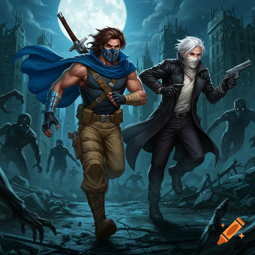 Two masked men with weapons run from shadowy monsters through a ruined ...