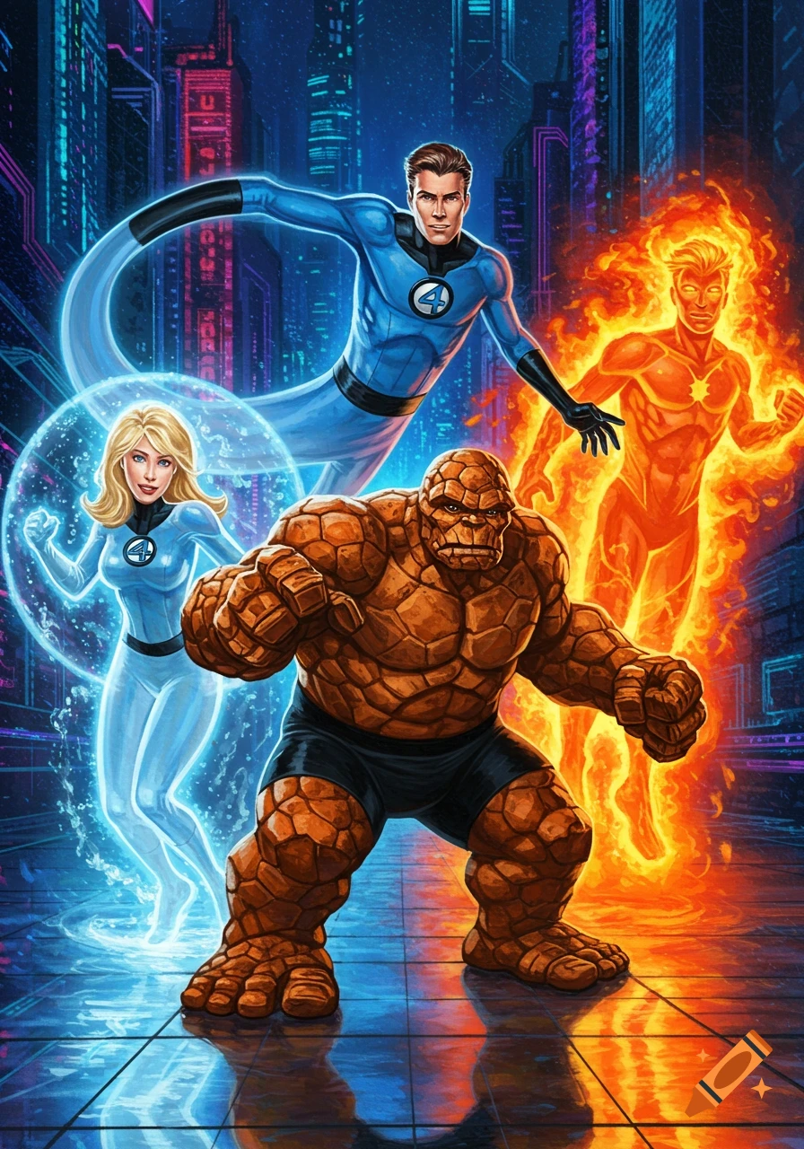 The Fantastic Four superheroes pose in a city, featuring Mr. Fantastic, Invisible Woman, Human ...