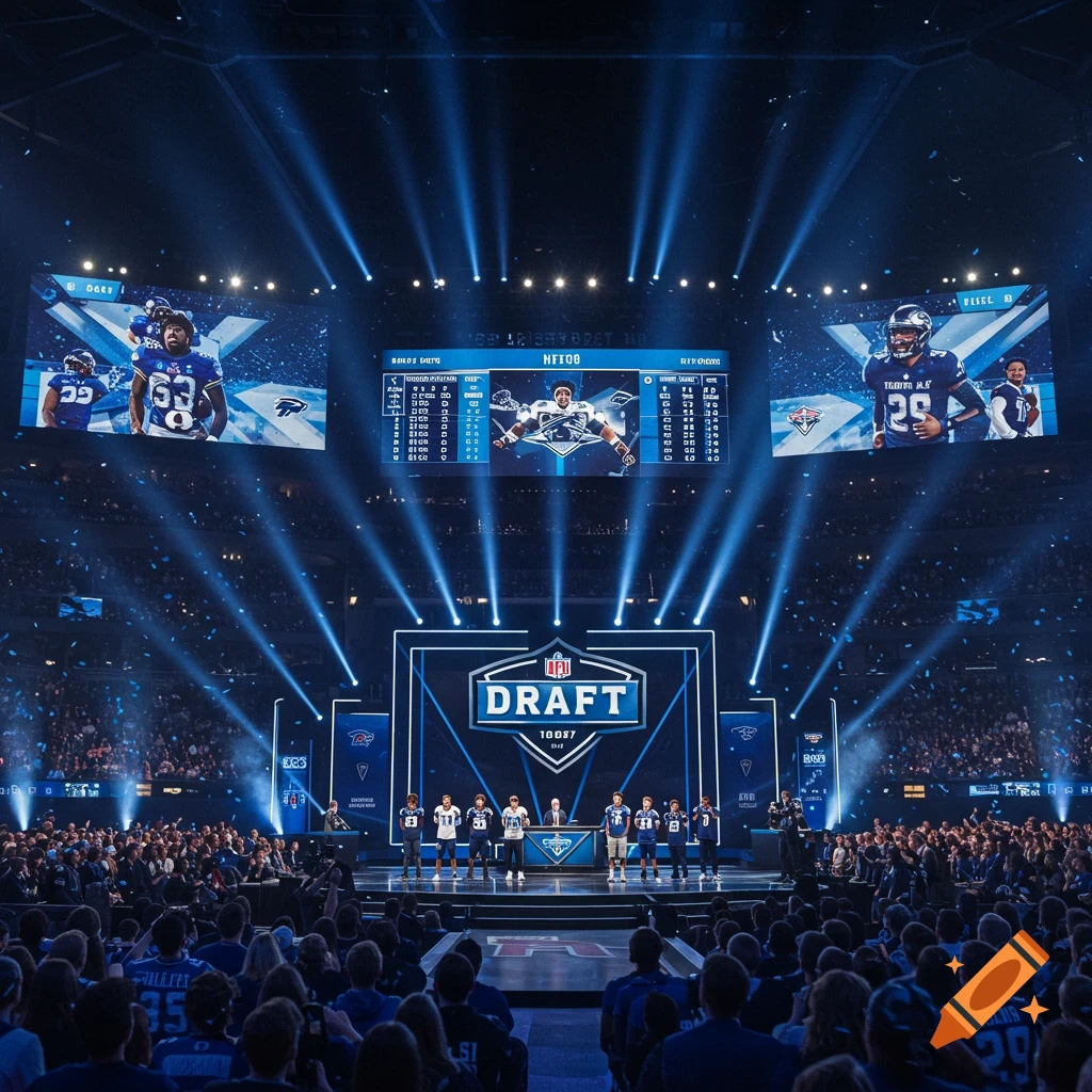A wide shot of a brightly lit indoor arena during a sports draft event ...