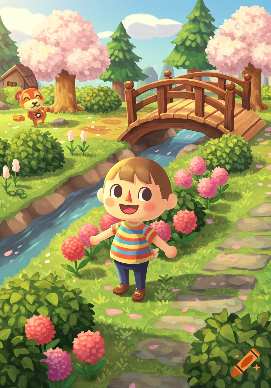 A cheerful Animal Crossing villager with a striped shirt stands in a ...