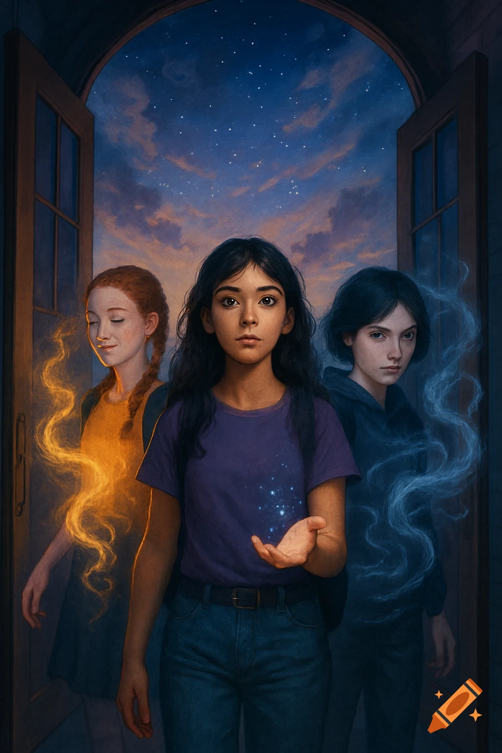 Three young girls with magical glowing powers stand in a doorway ...
