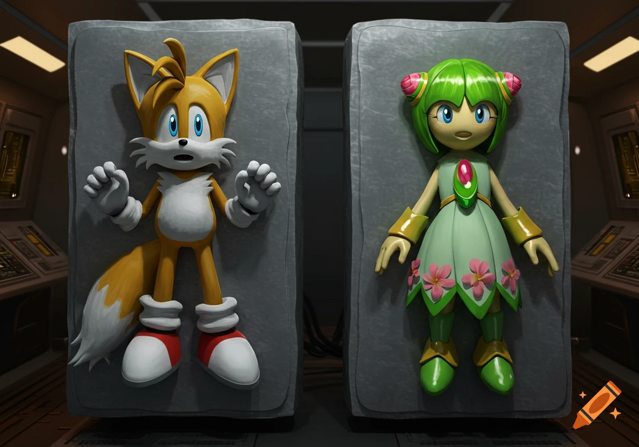 Tails the Fox and Cosmo the Seedrian from Sonic the Hedgehog are frozen ...