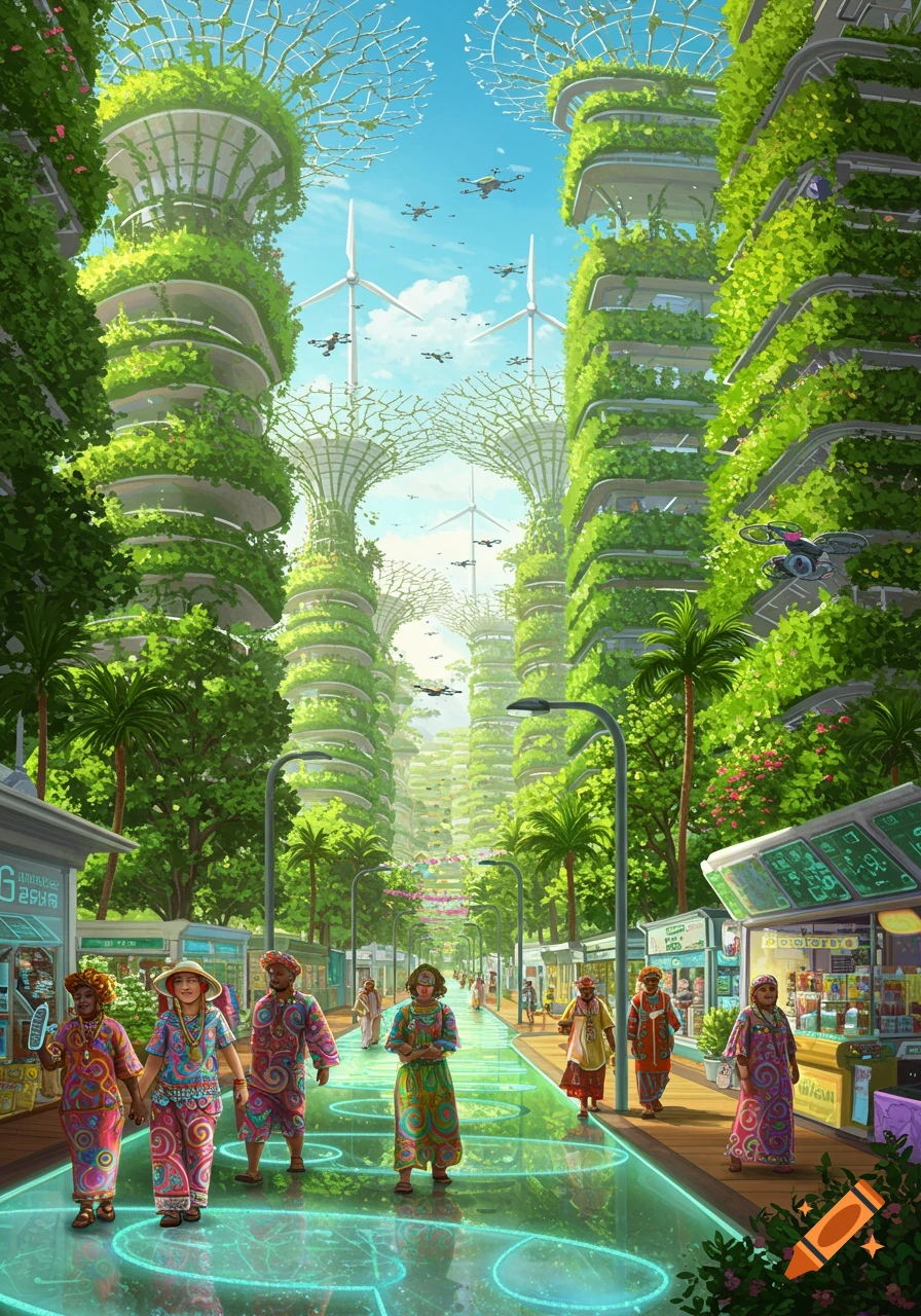 Vibrant Solarpunk city street with lush green buildings, wind turbines ...