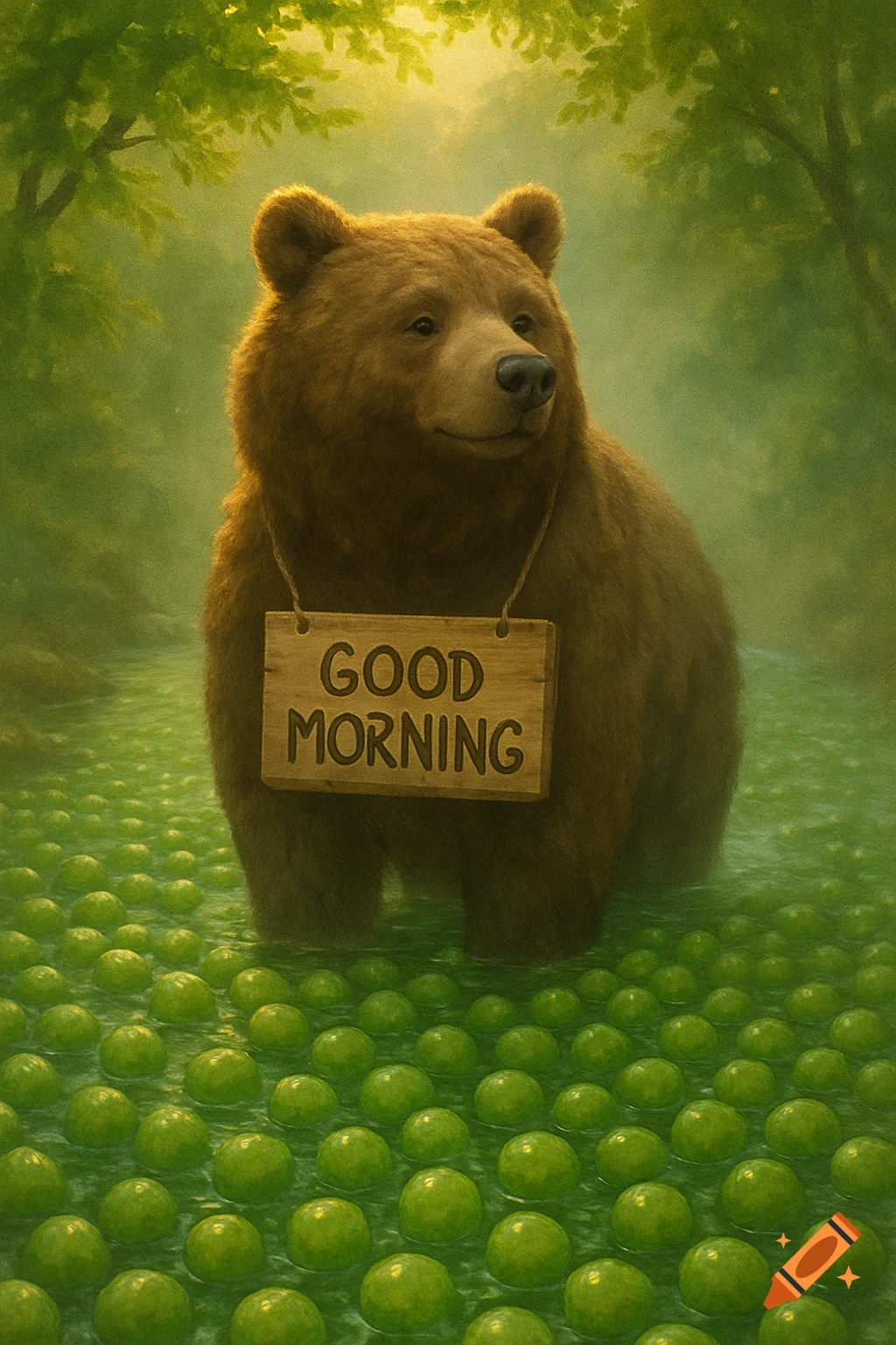 A happy cartoon grizzly bear in a green sweater and dinosaur briefs ...