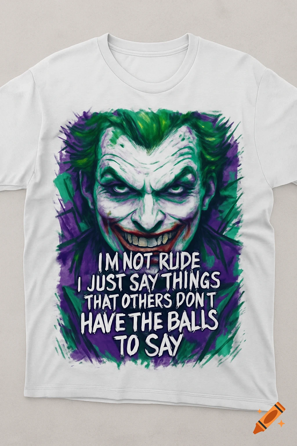 A white t-shirt features an intense, stylized illustration of the Joker ...